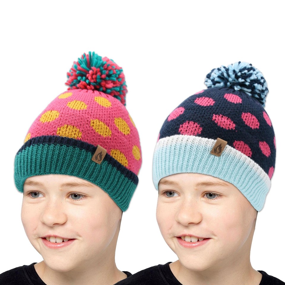 A2Z 4 Kids Girls Hat Spotty 2 Pack Bobble Beanie Slouchy Snow Knit Warm ...