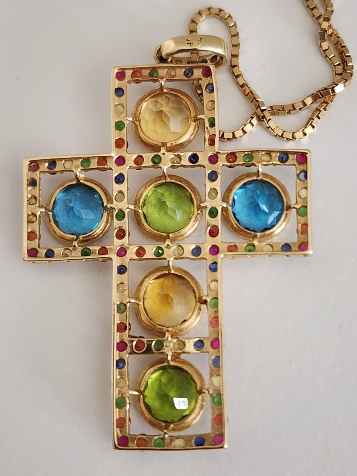 14K Solid Gold Multi-Colored Gemstone Cross Pendant Necklace-12.59 ...