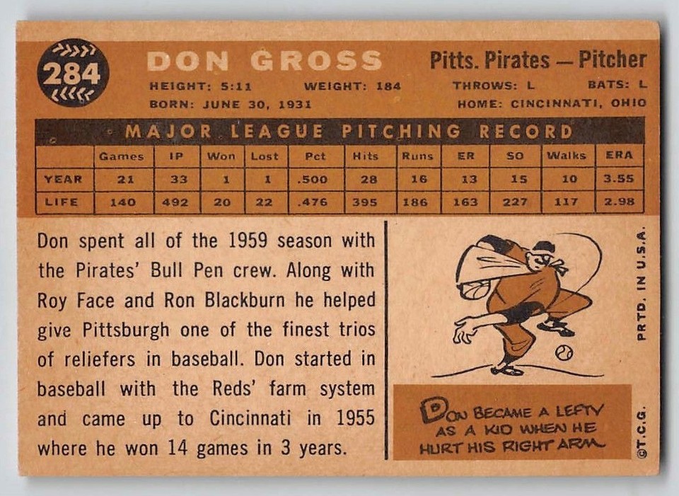 1960 DON GROSS - Topps Baseball Card # 284 - PITTSBURGH PIRATES | eBay