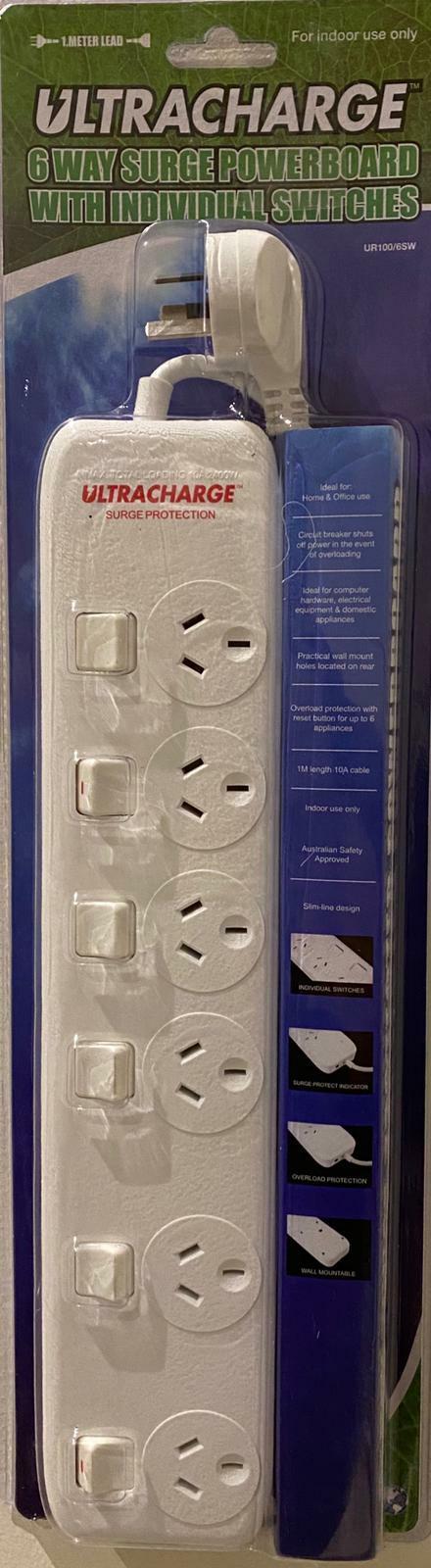 6 Way Outlet Power Strip Board Point Powerboard Surge Protector Socket ...