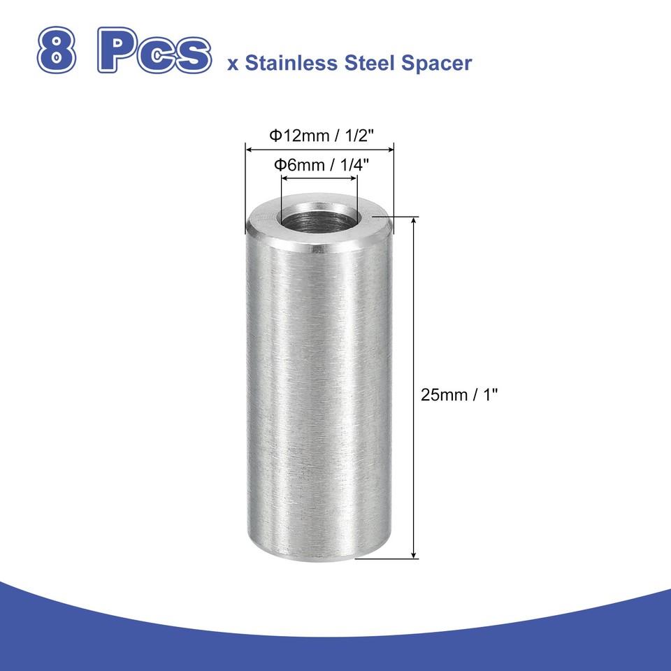 8Pcs 304 Stainless Steel Spacer 12mm OD x 6mm ID x 25mm Length | eBay