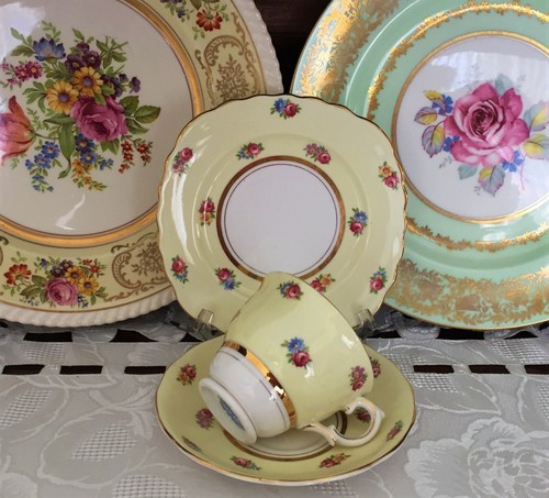 VINTAGE COLCLOUGH BONE CHINA ENGLAND YELLOW & PINK ROSE PATTERN TRIO ...