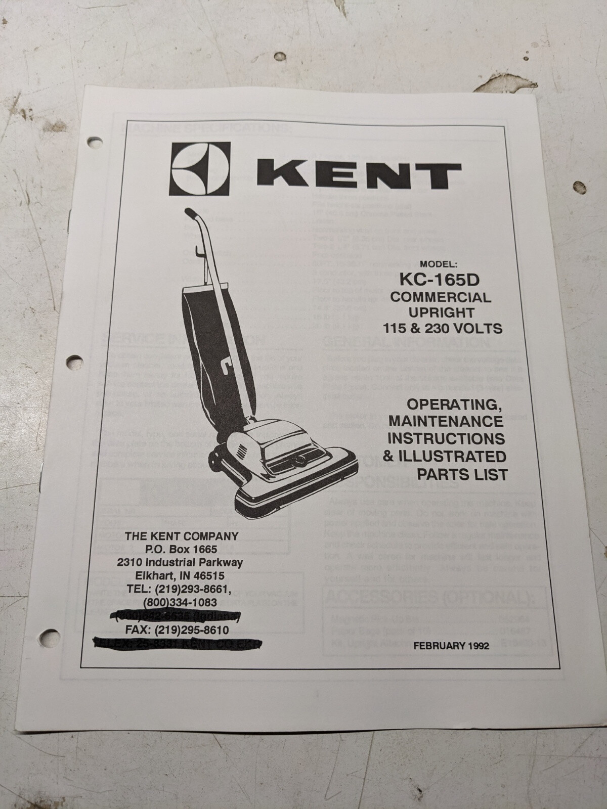 KENT OPERATION SERVICE PARTS MANUAL LIST BOOK KC-165D UPRIGHT VACUUM 1992 | eBay