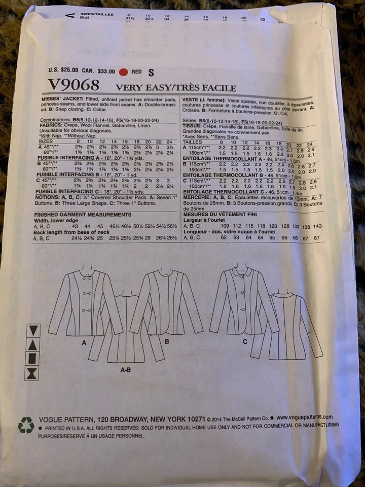 Vogue 9068 V9068 Sewing Pattern Misses Jacket Womens Size 8 10 12 14 16 ...