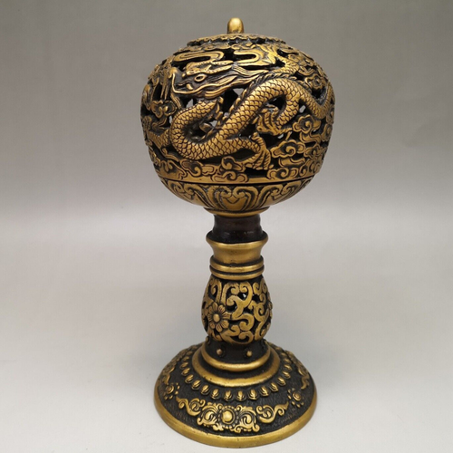 9" Chinese Incense Burner Statue Old Brass Bronze Carved Dragon Height ...