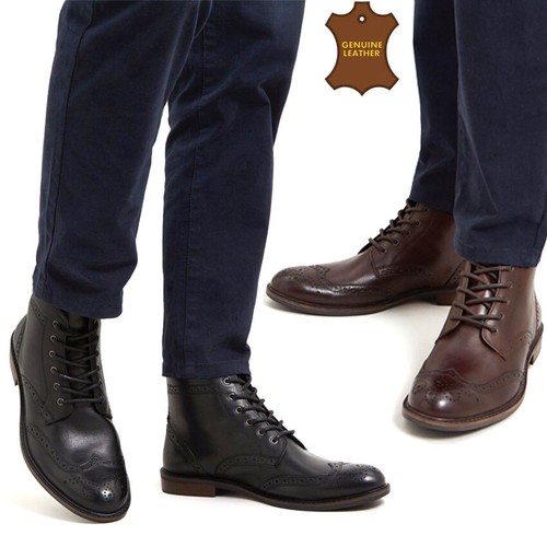 Mens Leather Boots Smart Formal Brogue Combat Lace New Ankle Boots ...