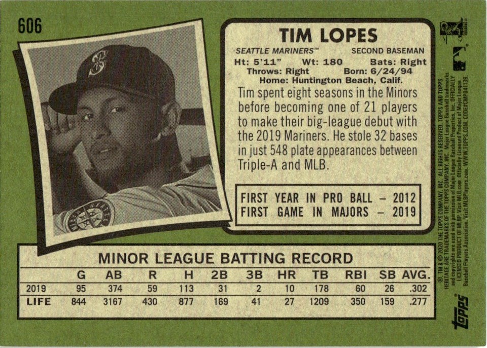 2020 Topps Heritage Baseball Tim Lopes Seattle Mariners #606 Signed | eBay
