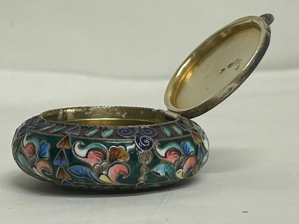 Antique Russian silver 84 cloisonne enamel pill box, circa 1908-17, 60 ...