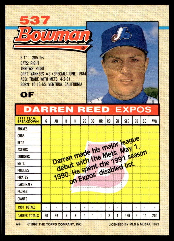 1992 Bowman 537 Darren Reed Montreal Expos Baseball Card | eBay