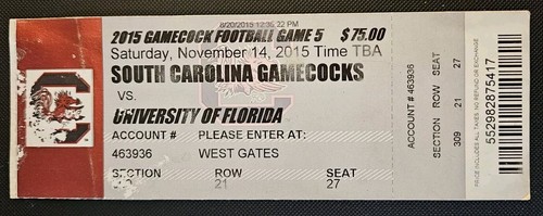 South Carolina Gamecocks Florida Gators Football Ticket 11/14 2015 ...