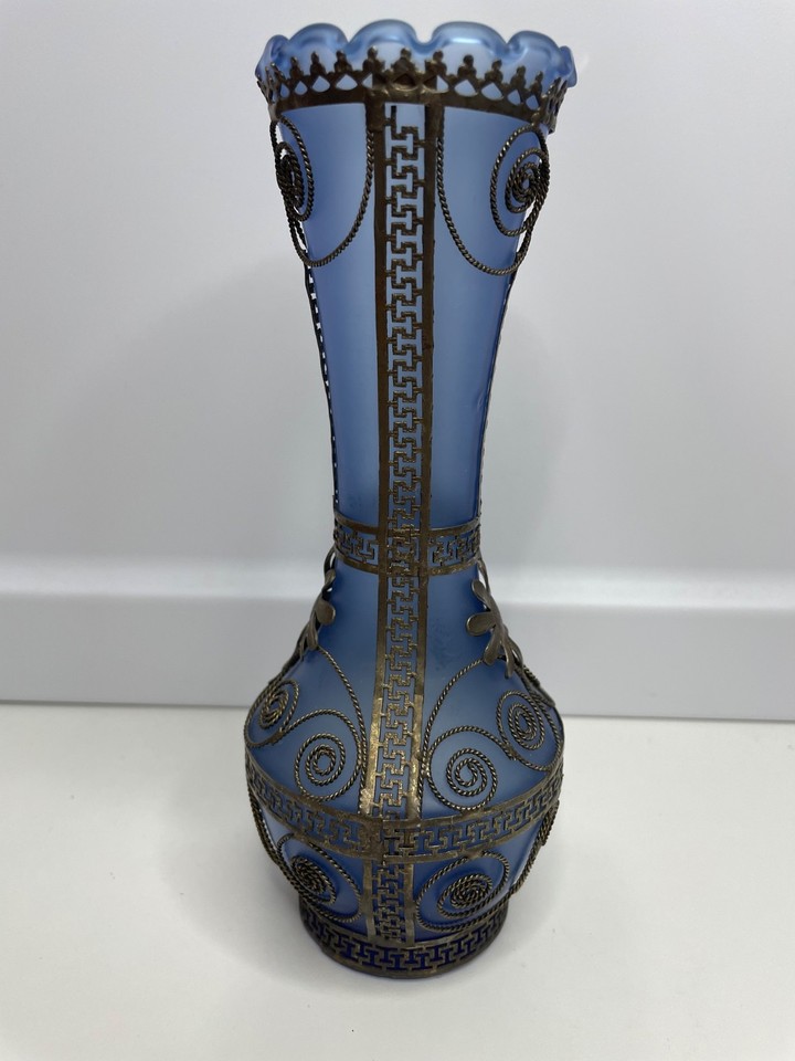 Vintage Blue frosted Glass bud Vase W Ornate Metal Overlay Made In ...
