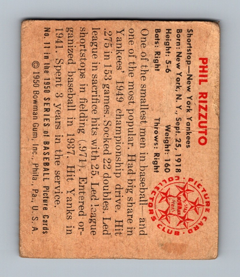 1950 Bowman #11 Phil Rizzuto (HOF) LOW GRADE Vintage Baseball Card | eBay