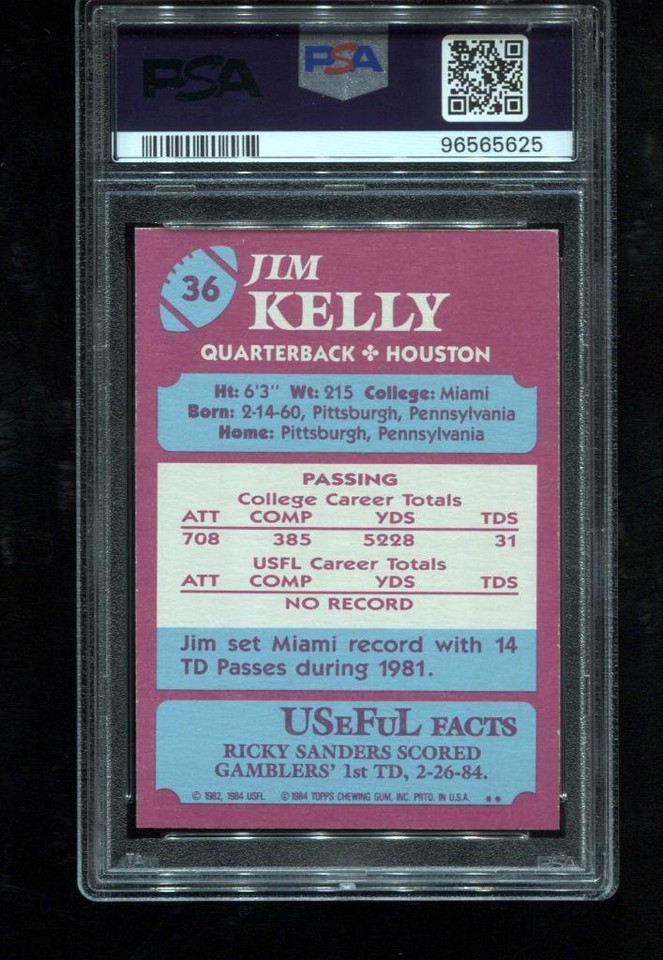 Jim Kelly RC 1984 Topps USFL #36 Buffalo Bills Gamblers HOF Rookie PSA ...