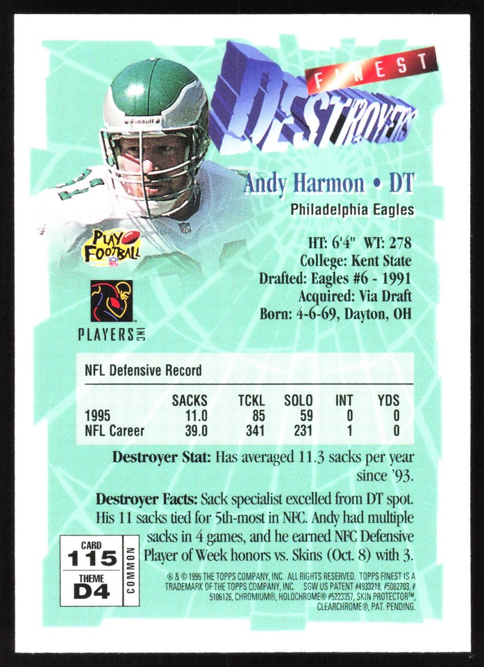1996 Finest Andy Harmon #115 Philadelphia Eagles Bronze w/ Cover ...