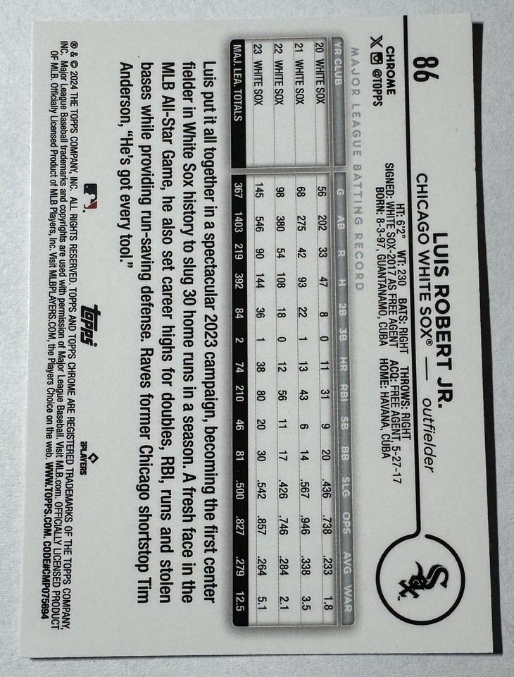 2024 Topps Chrome LUIS ROBERT JR. Raywave Refractor #86 WHITE SOX | eBay