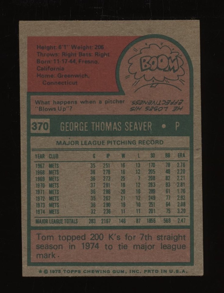 1975 Tom Seaver Topps Baseball #370 EX Invest NOW | eBay