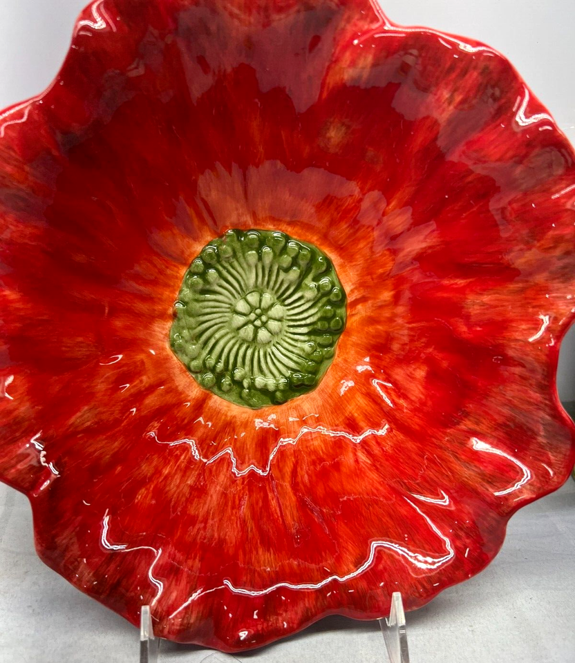 Maxcera Red Poppy Flower Floral 3D XL Salad Serving Bowl Ceramic 9.5 ...