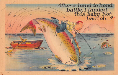 Vintage ORIGINAL Funny Humor Exaggerated Comedy Fishing Linen Postcard ...