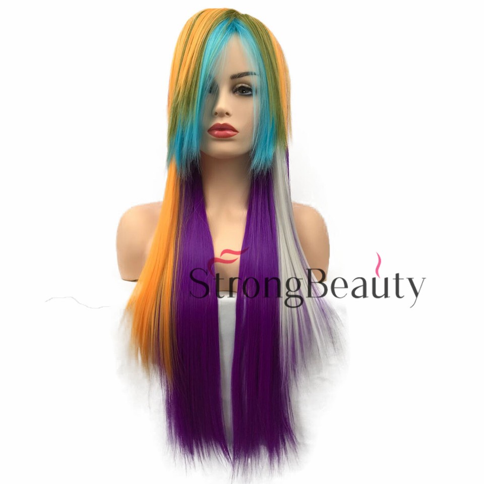 Ombre Pastel Pink Rainbow Color Wig Long Straight Cosplay Wig for Women ...