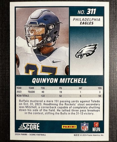 Quinyon Mitchell (RC) 2024 Score - Rookie Card #311 🏈 Philadelphia ...