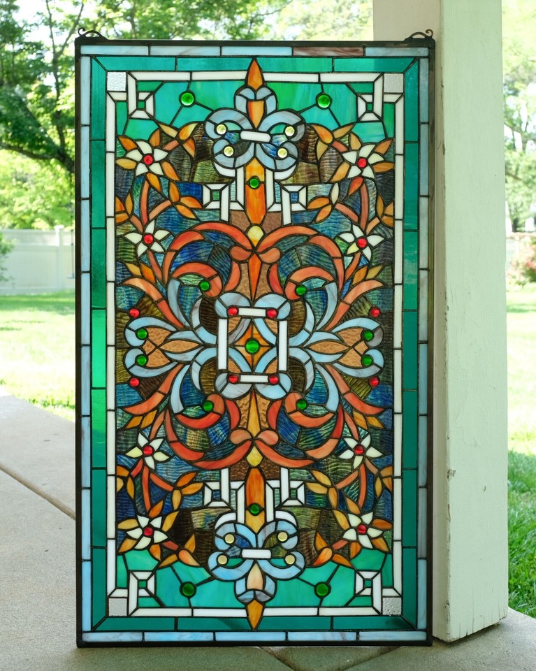 20" x 34" Flower Tiffany Style stained glass window panel Jeweled glass ...