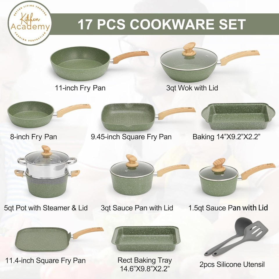 17 Piece Cookware Set Nonstick Granite Coated Pots and Pans Set ...
