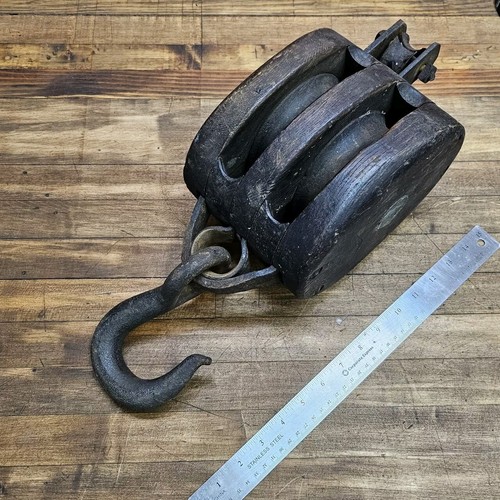 Vintage Tools CAST STEEL & Wood PULLEY Block Tackle & Hook 14" ☆BOSTON ...