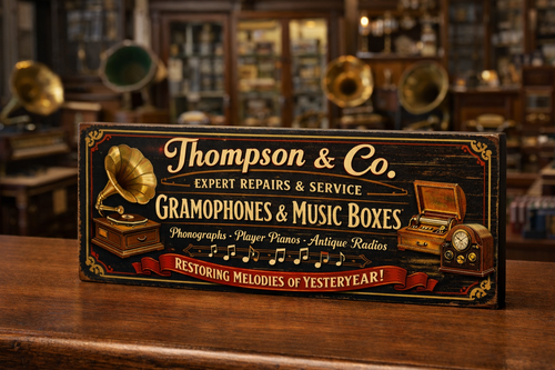 Gramophones Music Boxes Sign vintage antique style fun wooden signs ...