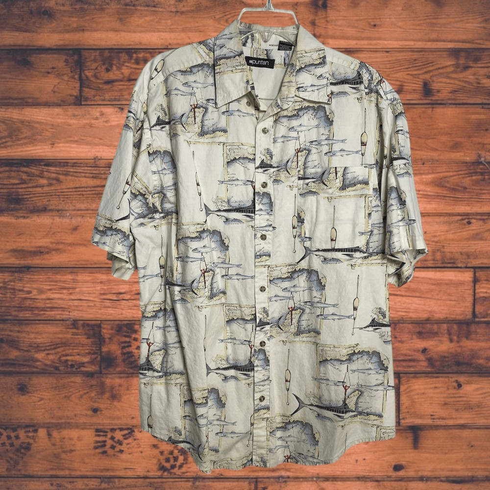 Puritan Fish Island Print Button Front Shirt Large (4… - Gem