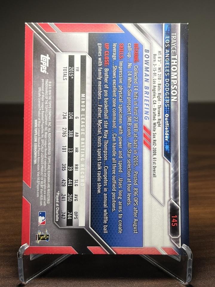 Trayce Thompson Signed Autographed 2016 Bowman Baseball Card #145 RC ...