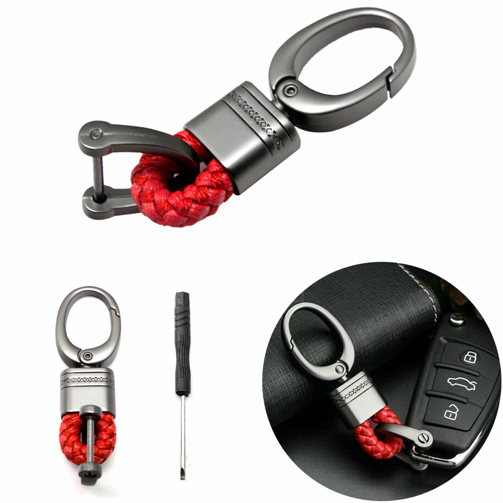 Red Bronze Metal Uinversal Braided Leather Strap Gun Smart Key Ring Fob ...