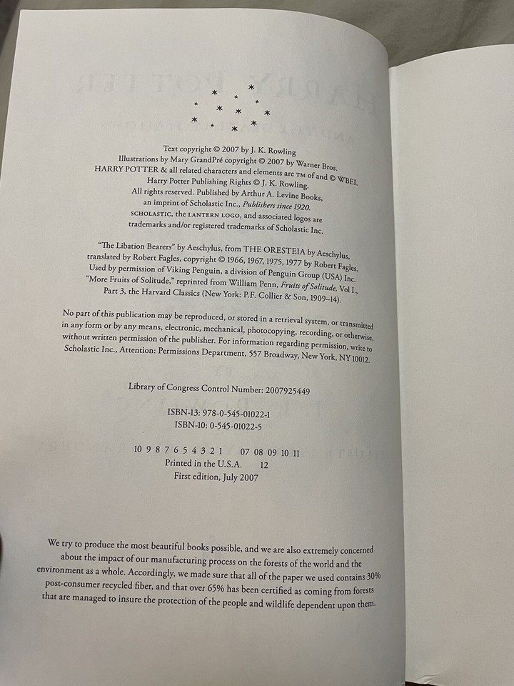 Harry Potter And The Deathly Hallows, US First Edition, Hardcover, EX ...