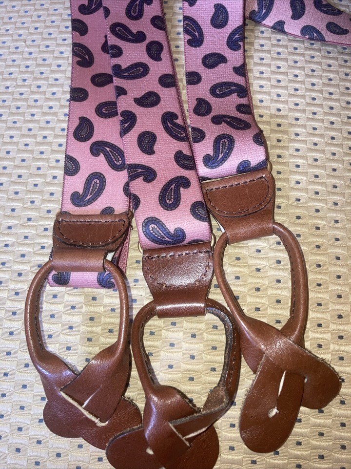 Bold Pink Paisley Woven Suspenders Adjustable Rich Brown Leather ...