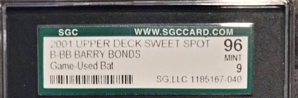 2001 Upper Deck Sweet Spot B-BB Barry Bonds Game Used Bat SGC 96 Mint 9 ...
