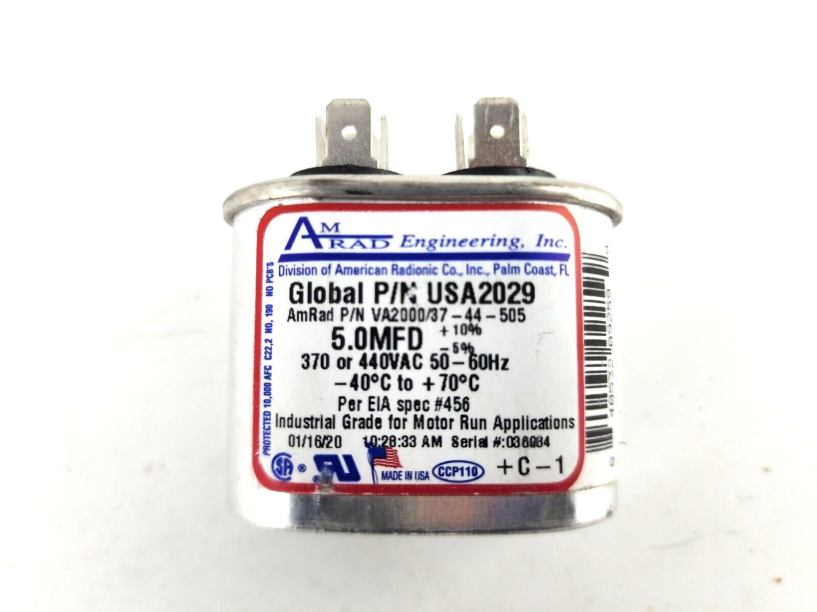 Amrad Oval Motor Run Capacitor USA2029 5MFD 370/440VAC 50-60Hz | eBay