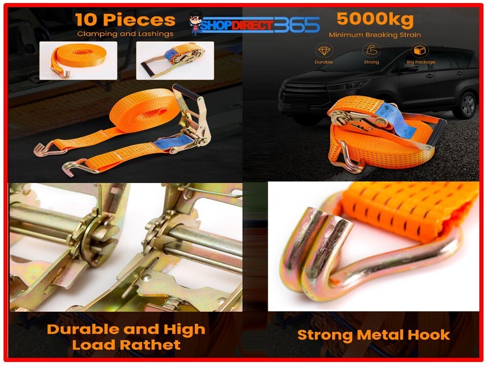 10 x HEAVY DUTY 10 METRE x 50mm RATCHET TIE DOWN STRAP LORRY LASHING 3 ...
