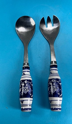 Metal Salad serving set With Blue & White Ceramic Handles Vintage G1 | eBay