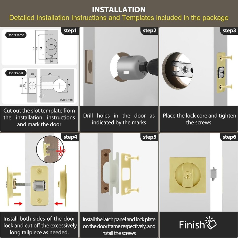 Pocket Door Lock with Key Brushed Gold Pocket Door Hardware Square Door ...