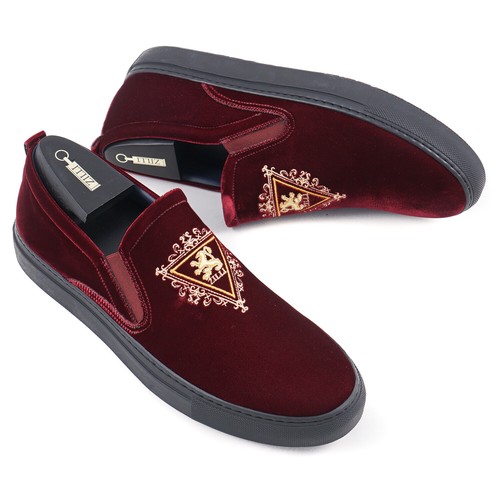 Zilli Burgundy Velvet Slip-On Sneakers with Crest Detail US 7 (Eu 40 ...