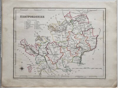 1844 HAND COLOURED COUNTY MAP HERTFORDSHIRE HITCHIN STEVENAGE HODDESDON ...