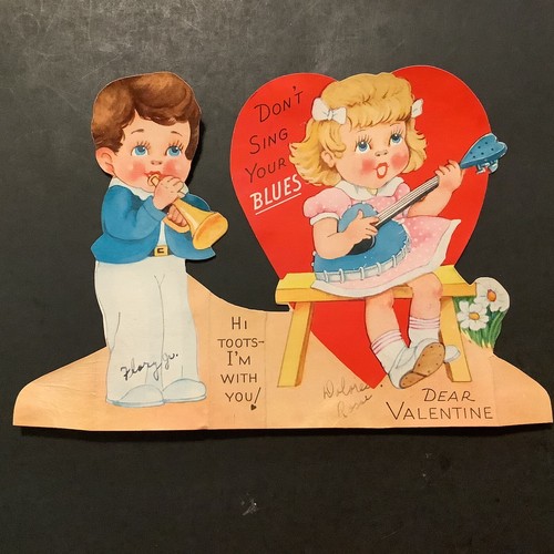 Vtg Valentine Card DieCut Cute Boy & Girl Playing Instruments “Hi Toots ...