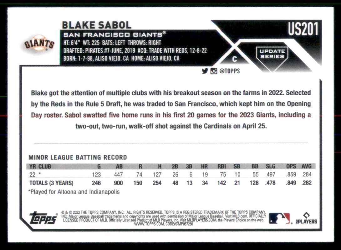 2023 Topps Update Blake Sabol RC San Francisco Giants #US201 TW35802 | eBay