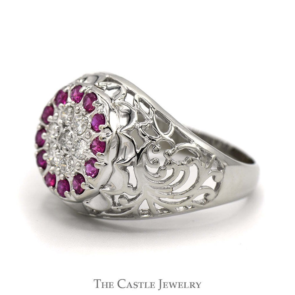Ruby & Diamond Kentucky Cluster Ring with Open Filigree Sides in 10k ...
