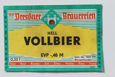 14539 DDR Bier Etikett Dresdner Brauereien Vollbier HELL 1972 old beer ...