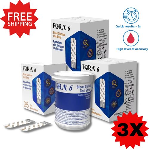 3X Fora 6 Plus BLOOD GLUCOSE Test Strips check level 25's Per/Box Free ...