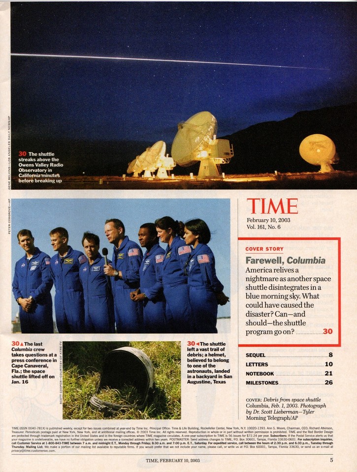 Time Magazine February 10, 2003 "The Columbia is Lost" February 01 ...