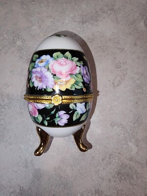 Vintage Small Porcelain EGG Trinket Jewelry Hinged BOX Floral Gold Footed 4 inch | eBay