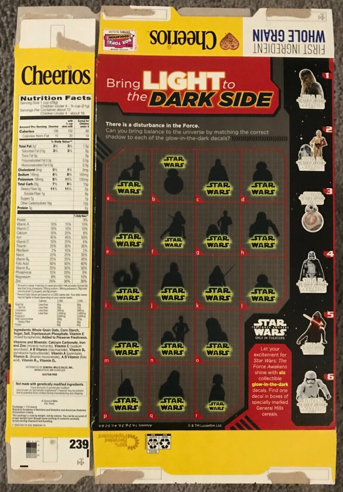 EMPTY Cheerios Star Wars Force Awakens Glow In Dark Decal Cereal Box ...
