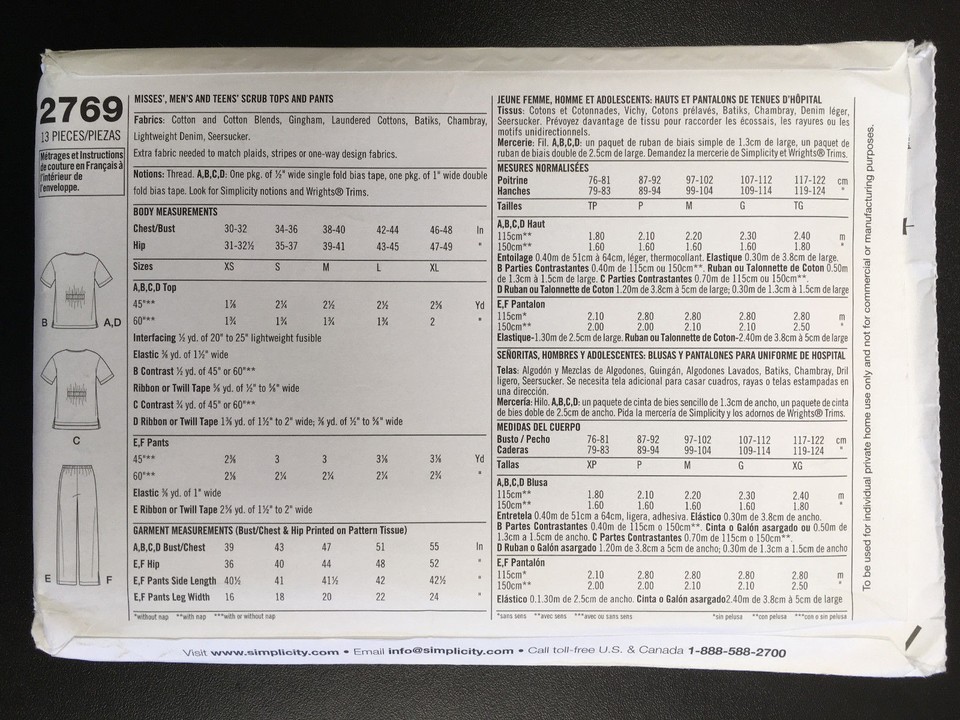 Simplicity #2769 Misses', Men's and Teens' Scrub Tops and Pants | eBay