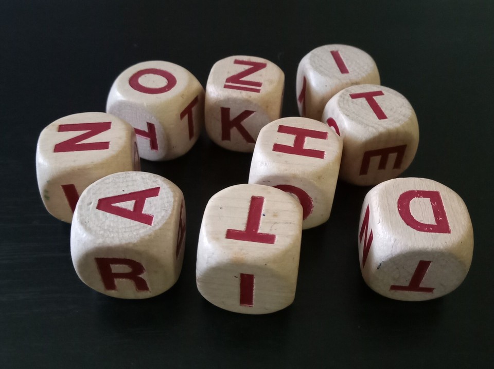 6 wooden Boggle cubes, rounded corners, red letters | eBay